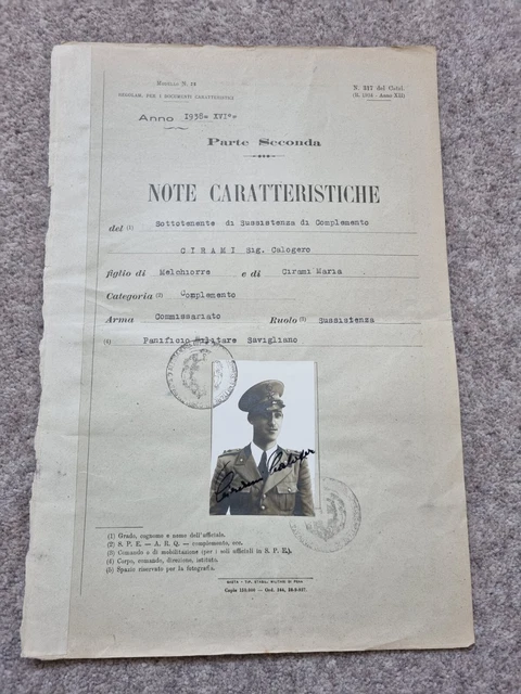 ORIGINAL WW2 ITALIAN ARMY NOTE CARATTERISTICHE SERVICE DOCUMENT ...