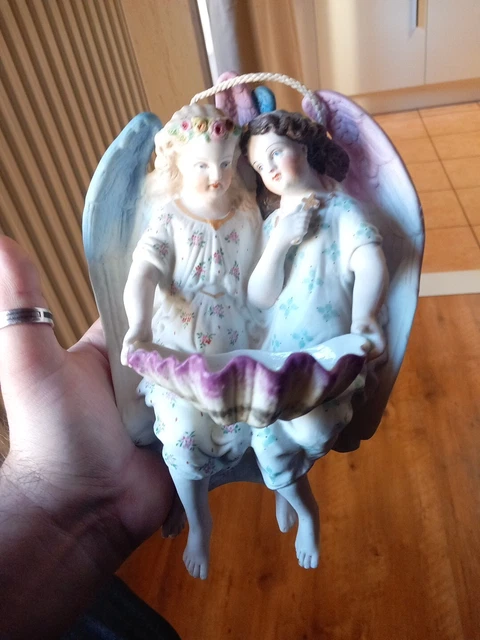 BENITIER PORCELAINE POLYCHROME Biscuit Signé Mf,19eme,ange,putti EUR 70 ...