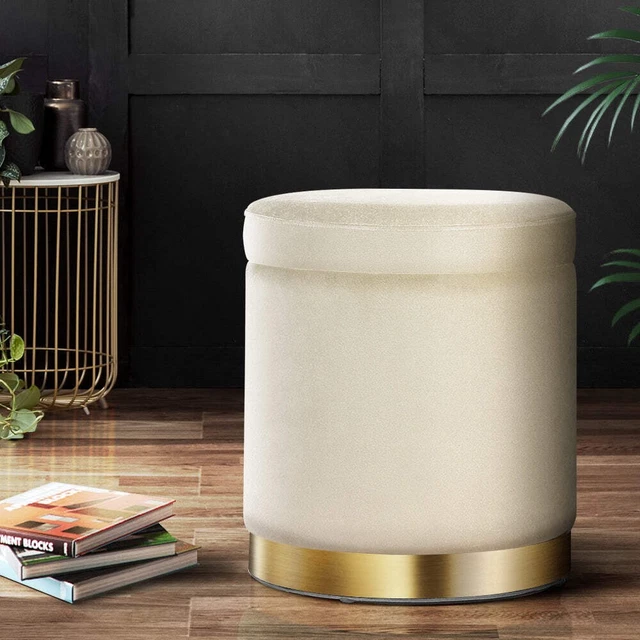 ARTISS VELVET STORAGE Ottoman Foot Stool Round Cream w/ Gold Ring ...