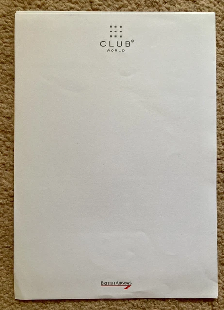 VINTAGE BRITISH AIRWAYS Club World Headed Notepaper - 3 Sheets - 21 x ...
