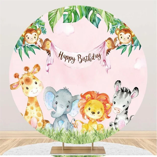 PINK ANIMALS AND Green Leave Round Birthday Backdrop $35.97 - PicClick AU
