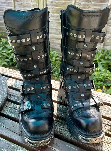 NEW ROCK REACTOR Studded Chunky Platform Black Leather Boots Goth UK 11 ...