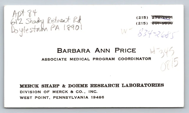 VINTAGE BUSINESS CARD Barbara Ann Price Merck Sharp Dohme Research West ...