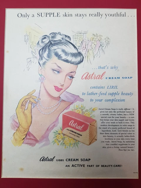 VINTAGE ORIGINAL ASTRAL Gibbs Cream Soap advertisement in red mount £9. ...
