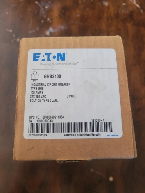 EATON CUTLER-HAMMER GHB3100 100Amp 277/480 VAC Bolt-On Circuit Breaker ...