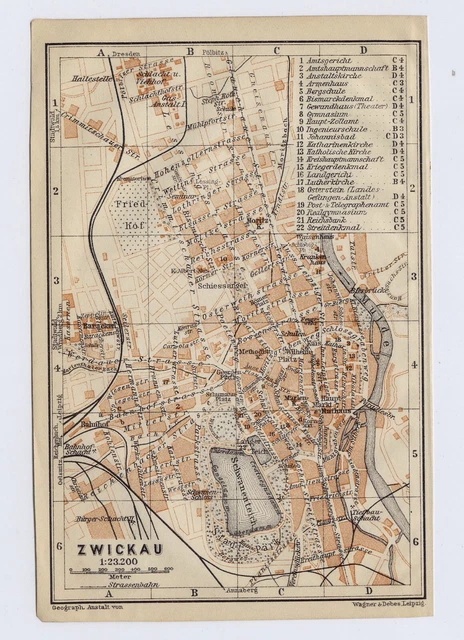1914 ANTIQUE ORIGINAL City Map Of Zwickau Swikawa Saxony Sachsen ...