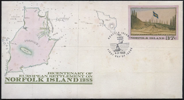 ISOLE NORFOLK 1988 ""Coloni europei"" mappa bandiera, tempo speciale ...