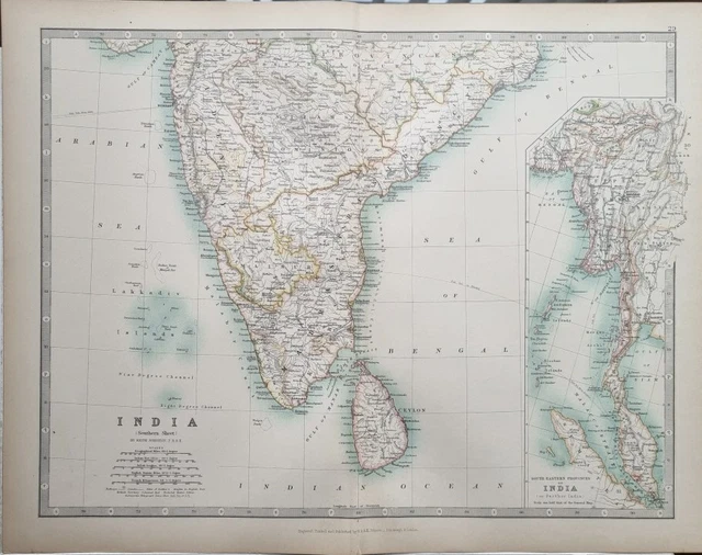 1891 ANCIEN CARTE Sud Inde Ceylan Madras Nizams Burma Bombay EUR 110,52 ...