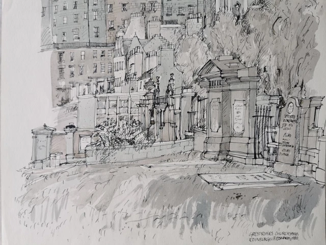 ORIGINAL TINTENZEICHNUNG BRIAN Edwards b1944 Greyfriars Churchyard ...