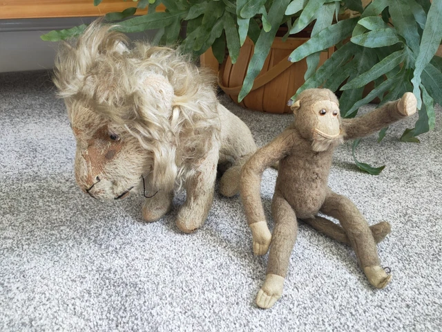 ANTIQUE VINTAGE SOFT Toy Lion Monkey Jaeger Great Britain Glass Eyes ...