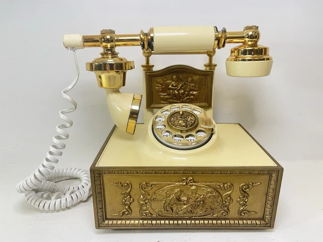 VINTAGE DECO-TEL FRENCH Provincial Style Cream Gold Brass Rotary Phone ...
