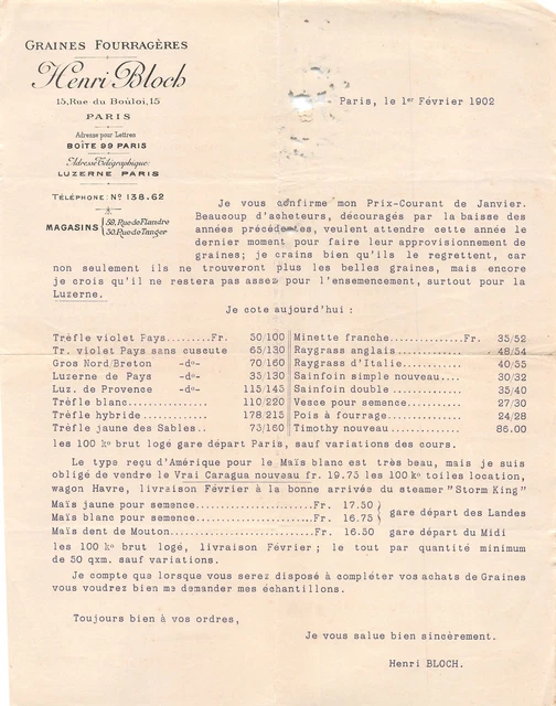 1902 GRAINES FOURRAGERES Henri Bloch A Paris EUR 10,00 - PicClick FR