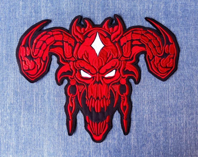 LARGE RED HORNED Devil Back Patch: Satan demon skull evil grin white ...
