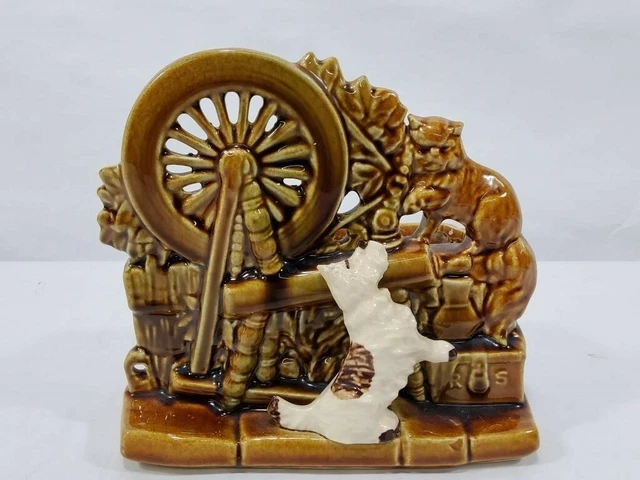 VINTAGE MCCOY POTTERY Planter Vase SCOTTY DOG & CAT ON SPINNING WHEEL ...