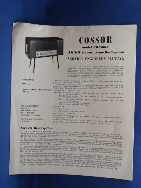 VINTAGE COSSOR MODEL CR1500A AM/FM Stereo Auto Radiogram Service Manual ...