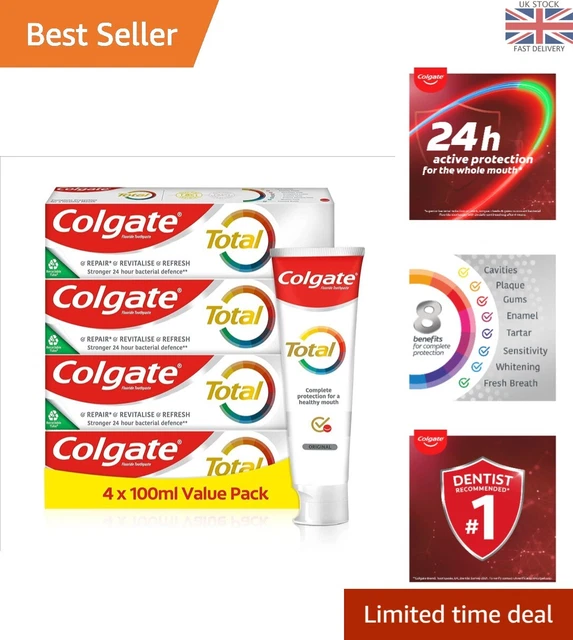 COLGATE TOTAL ORIGINAL Toothpaste 4x100ml, stronger 24-hour bacterial defence £18.99 - PicClick UK