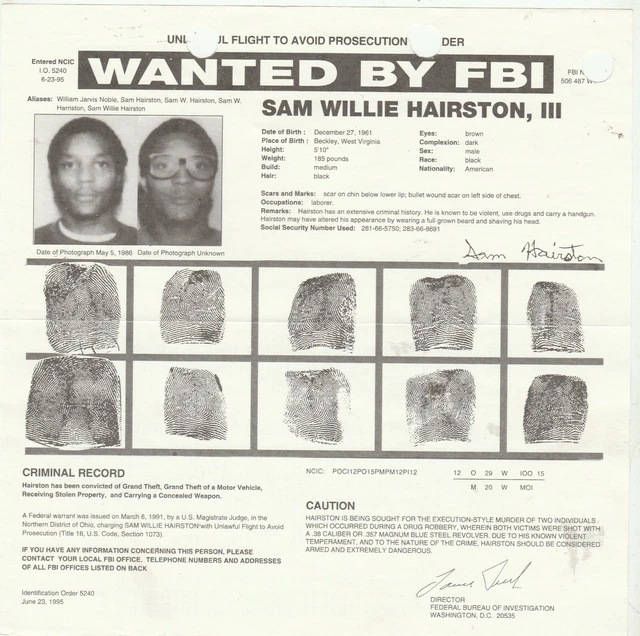 FBI WANTED POSTER Sam Willie Hairston Iii-Interstate Flight-Murder 3-6 ...