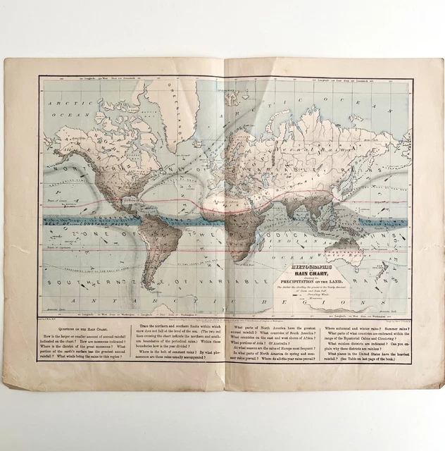 MAP OF THE World 1884 Hyetographic Rain Charts Victorian Lithograph ...