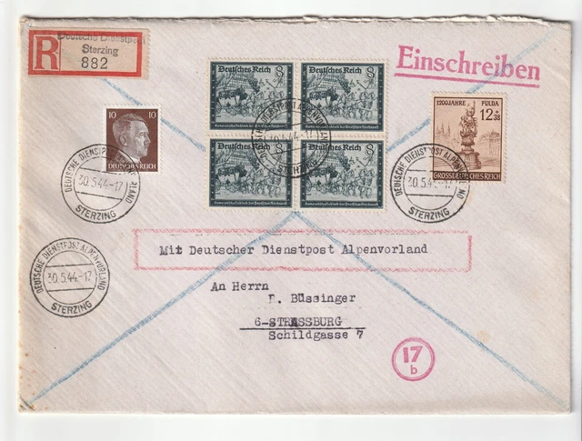 DR GERMANY ALPENVORLAND 6 val stps HEAVY reg cover STERZING 30/5/1944 ...
