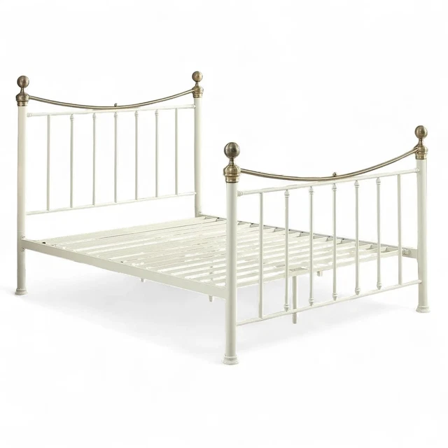 WHITE & GOLD Metal Double Bed Frame w/ Headboard Footboard, Slatted ...