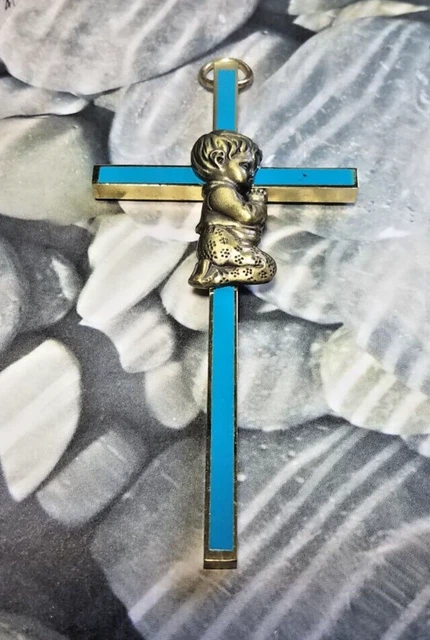 VINTAGE BOYS FIRST Holy Communion Brass & Blue Enamel Wall Cross 4 ...