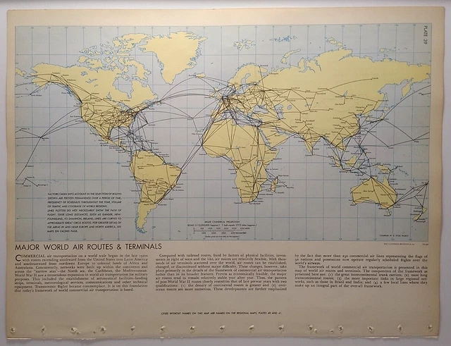 1957 ANTIQUE MAJOR WORLD AIR ROUTES Atlas Map - Ency. Britannica World ...