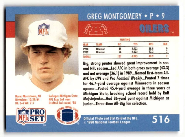 1990 PRO SET #516 Greg Montgomery Houston Oilers cartes de football EX ...