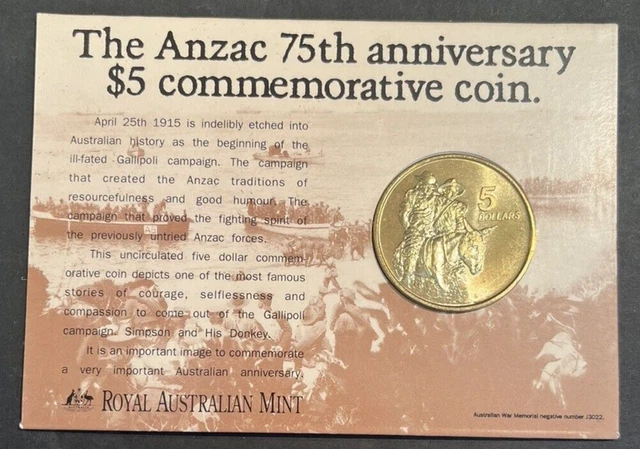 1990 $5 ANZAC 75th Anniversary. Al/Br coin Royal Australian Mint $9.99 ...