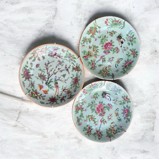 3 ANTIQUE CHINESE Canton Porcelain Celadon Plates Butterfly Flowers ...