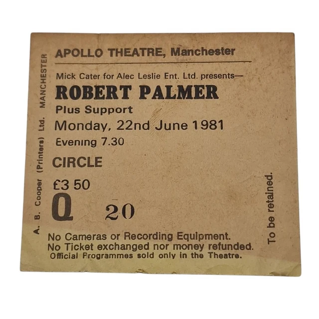 ROBERT PALMER CONCERT Ticket Stub Apollo Theatre Manchester Monday 22nd ...