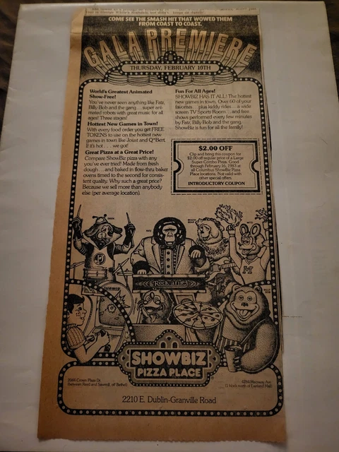 RARE SHOWBIZ PIZZA Place Gala Premiere (Grand Opening ) 1983 Newspaper ...