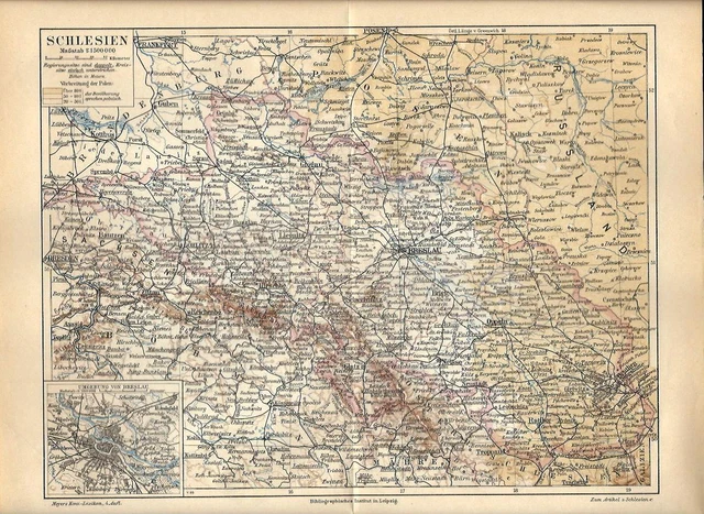CARTA GEOGRAFICA ANTICA SLESIA SCHLEISEN Breslavia Wroclaw 1890 Old ...