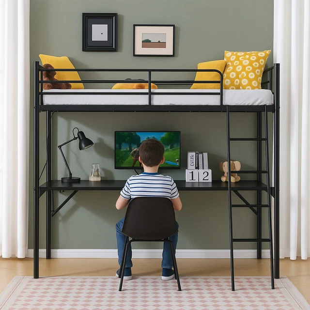 KIDS BUNK BEDS High Sleeper with Ladder Children Metal Bed Frame With ...