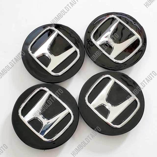 4 GLOSS BLACK Wheel Rim Center Caps With Chrome Logo For Honda 69MM/2. ...
