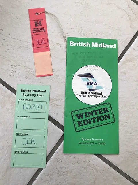BRITISH MIDLAND TIMETABLE 1979-80 plus Boarding Card And baggage label ...