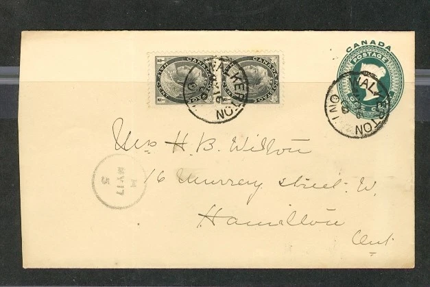 CANADA QV HALF Cent Numeral Pair Uprated 1Cent Qv Envelope Hamilton Hub ...