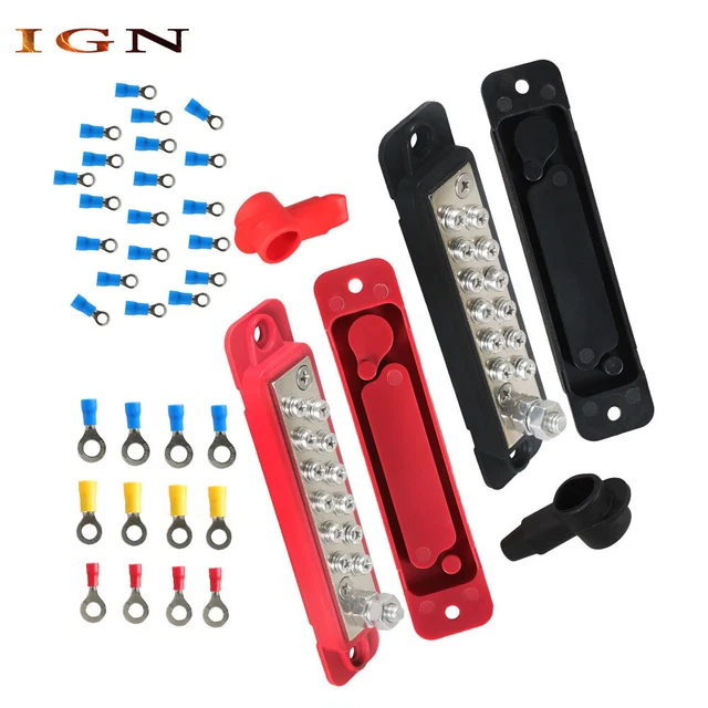 180A 12V DC 12 Point Busbar Bus Bar Power Distribution Block Pair Black ...