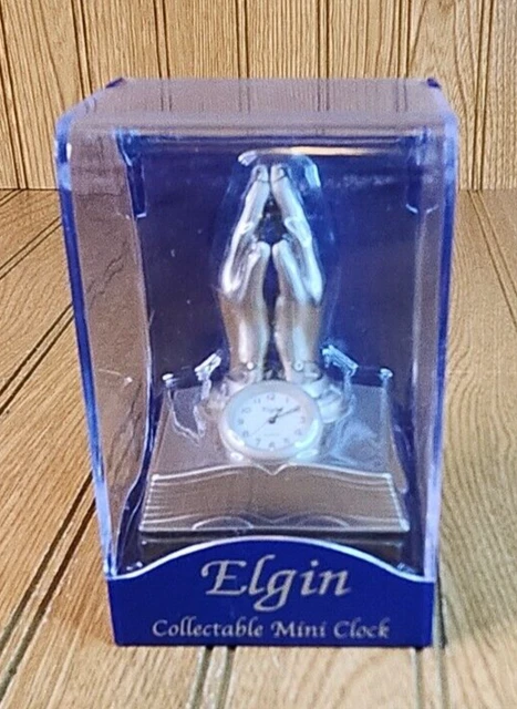 VINTAGE ELGIN QUARTZ Mini Collectible Mini Clock Prayer Hands 2.5” X 3 ...