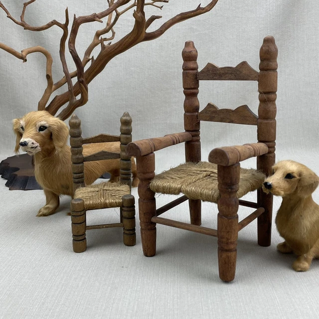 TINY HANDMADE WOODEN Chairs w Rattan Bottoms Vintage Miniature Display ...
