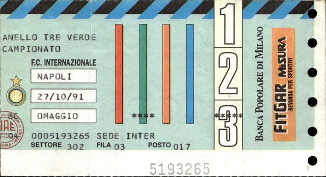 BIGLIETTO STADIO INTER Napoli Campionato 27/10/1991 Anello Tre Verde ...