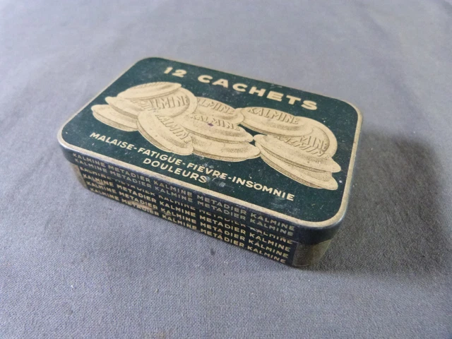 ANCIENNE BOÎTE PUBLICITAIRE KALMINE 12 cachets 1950 en métal EUR 6,00 ...