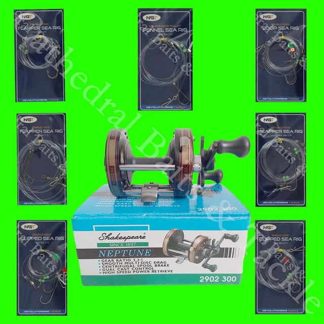 SHAKESPEARE NEPTUNE MULTIPLIER Reel + 7x Sea Fishing Trace Rigs Beach ...
