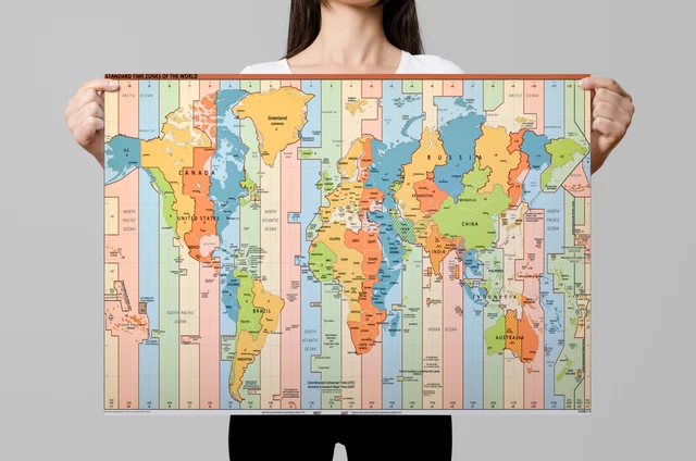 LAMINATED WORLD MAP With Time Zones Print Poster Atlas Wall Chart A1 A2 ...