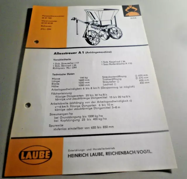 ALTES DATENBLATT LANDWIRTSCHAFT Forst DDR Allesstreuer A 1 EUR 16,00 ...
