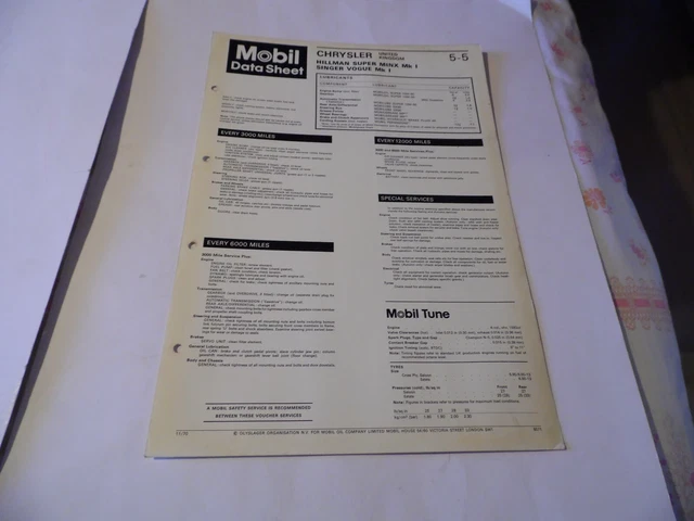 ORIGINAL 60'S/70S VINTAGE workshop Mobil data sheet Hillman Minx,Singer ...