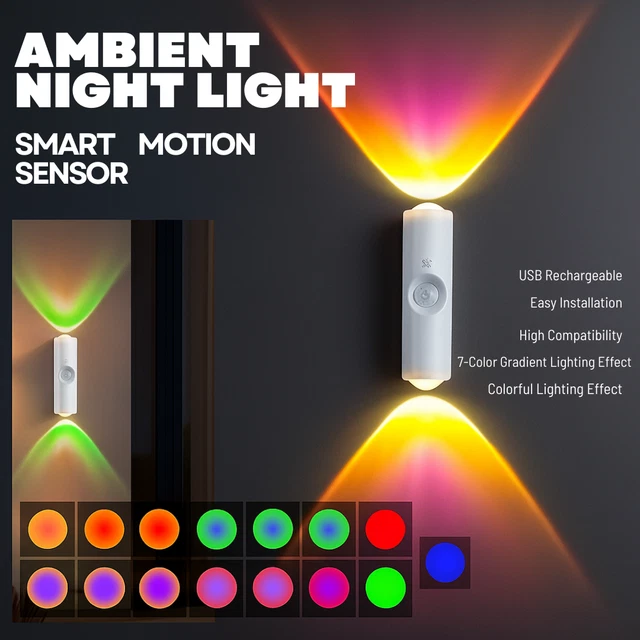 RECHARGEABLE LED SMART RGB Gradient Motion Sensor Ambient Night Lights ...