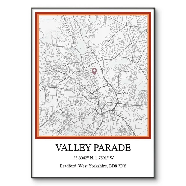 BRADFORD CITY FOOTBALL Poster, Valley Parade Stadium, Map Location, A4 ...