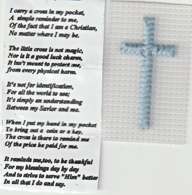 HANDMADE EMBROIDERED POCKET Cross- With Sheet Poem- Keepsake-Put in ...