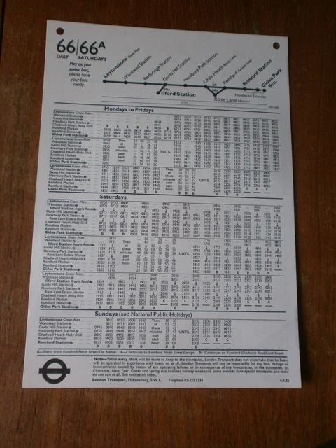LONDON TRANSPORT BUS Stop Timetable Panel-Routes 66/A, 1982 £1.50 ...