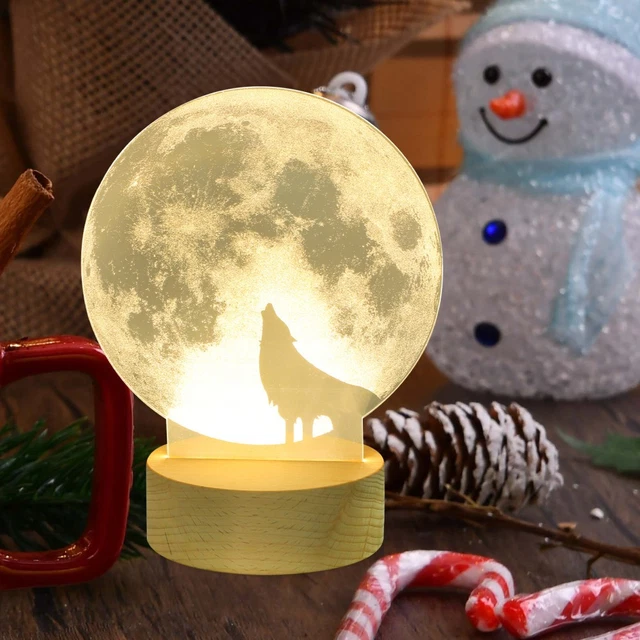 3D WOLF NIGHT Light LED Wooden Base Table Lamp USB Decorative Lights ...
